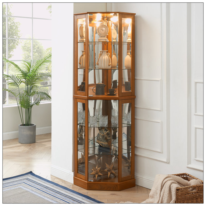 6 Shelf Corner Curio Display Cabinet with Lights Lark Manor Color Oak